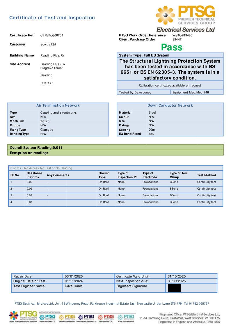 Lightning Protection System - Remedial Works - Test Certificate ...